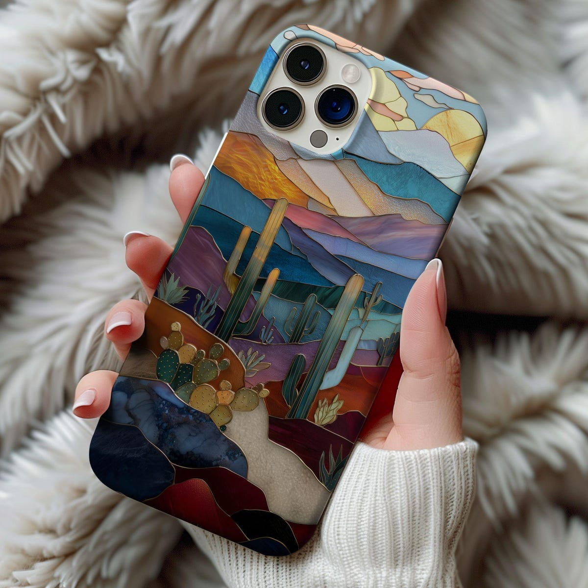Cactus Desert Stained Glass Boho Landscape Phone Case 17 16 15 14 13 12 ...