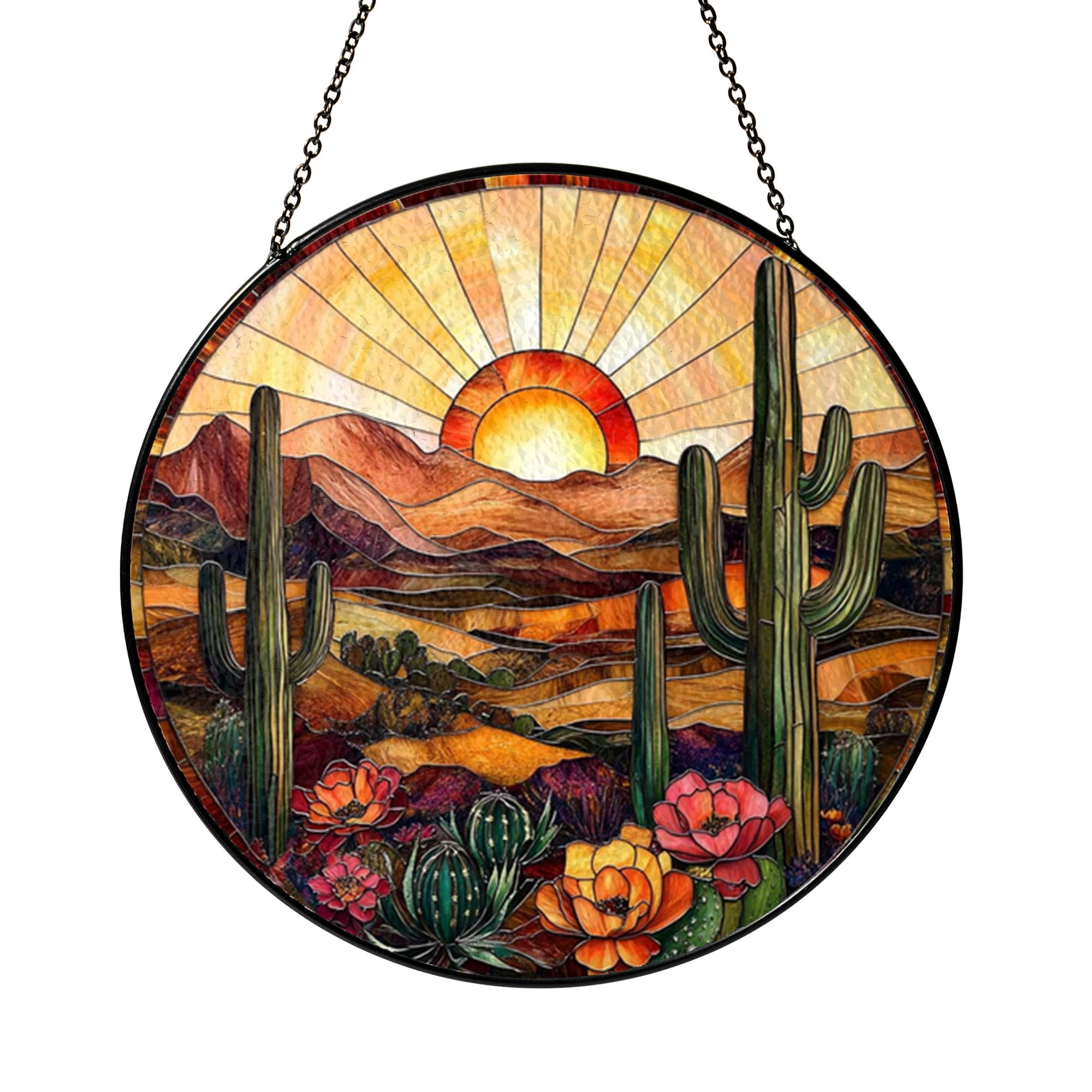 Cactus Desert Sunset Stained Glass Style Suncatcher, Decorative Window ...