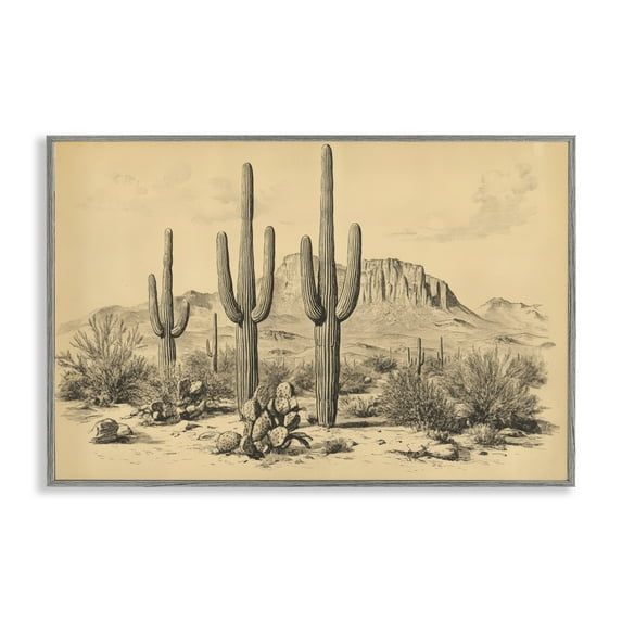 Cactus Desert Vintage Landscape Gray Framed Giclee Art, 18 x 12, Made ...
