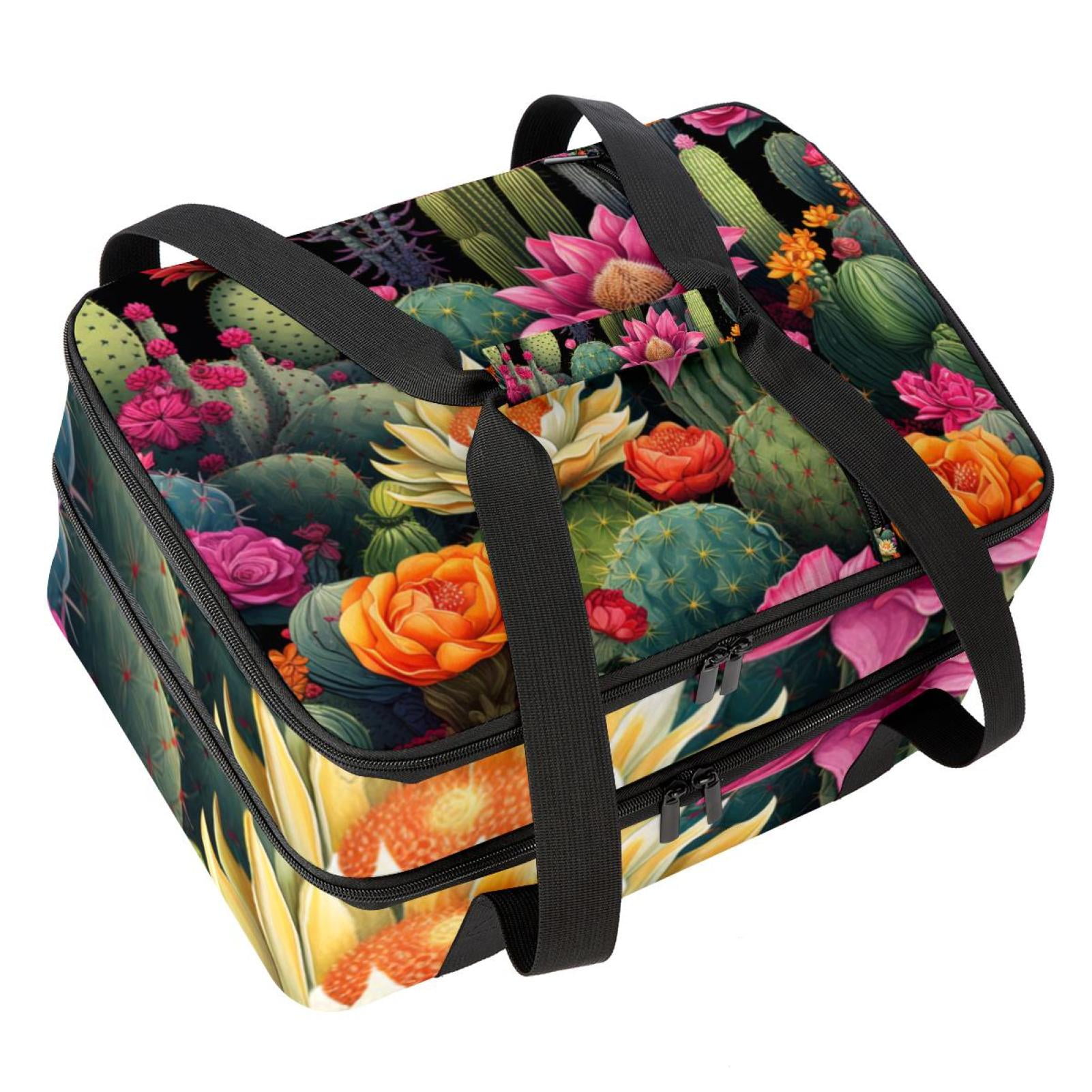 Cactus Double Layered Insulated Lunch Bag with Two Compartments - Large Capacity Refrigerated ...