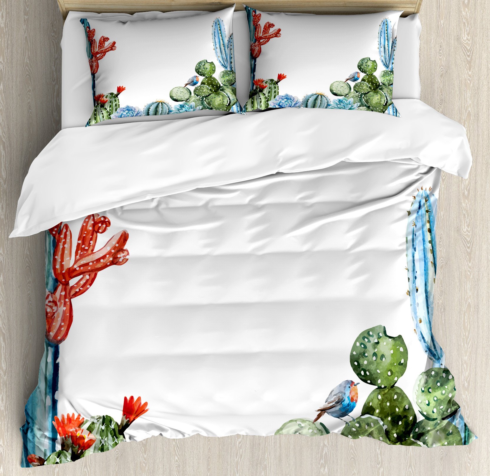 Cactus Duvet Cover Set, Cacti Spikes Flowers Birds Cartoon Style ...