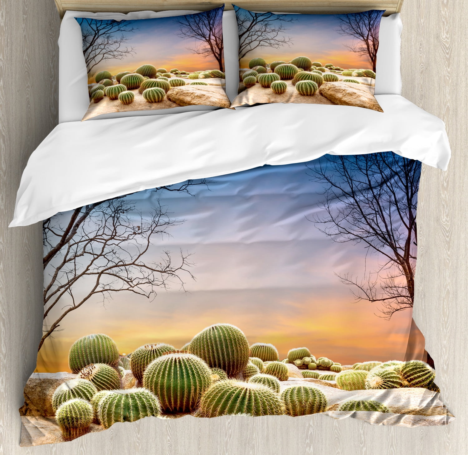 Cactus Duvet Cover Set King Size, Cactus Balls with Spikes on a Montain ...