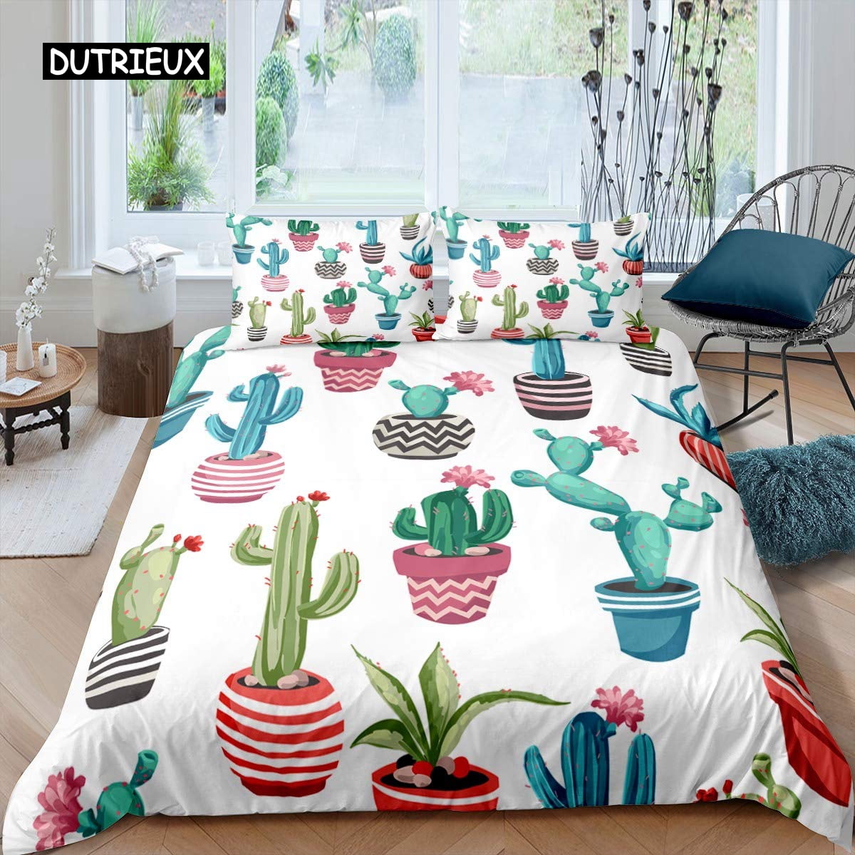 Cactus Duvet Cover Set King Size Hand Painted Style Bedding Set Nature ...