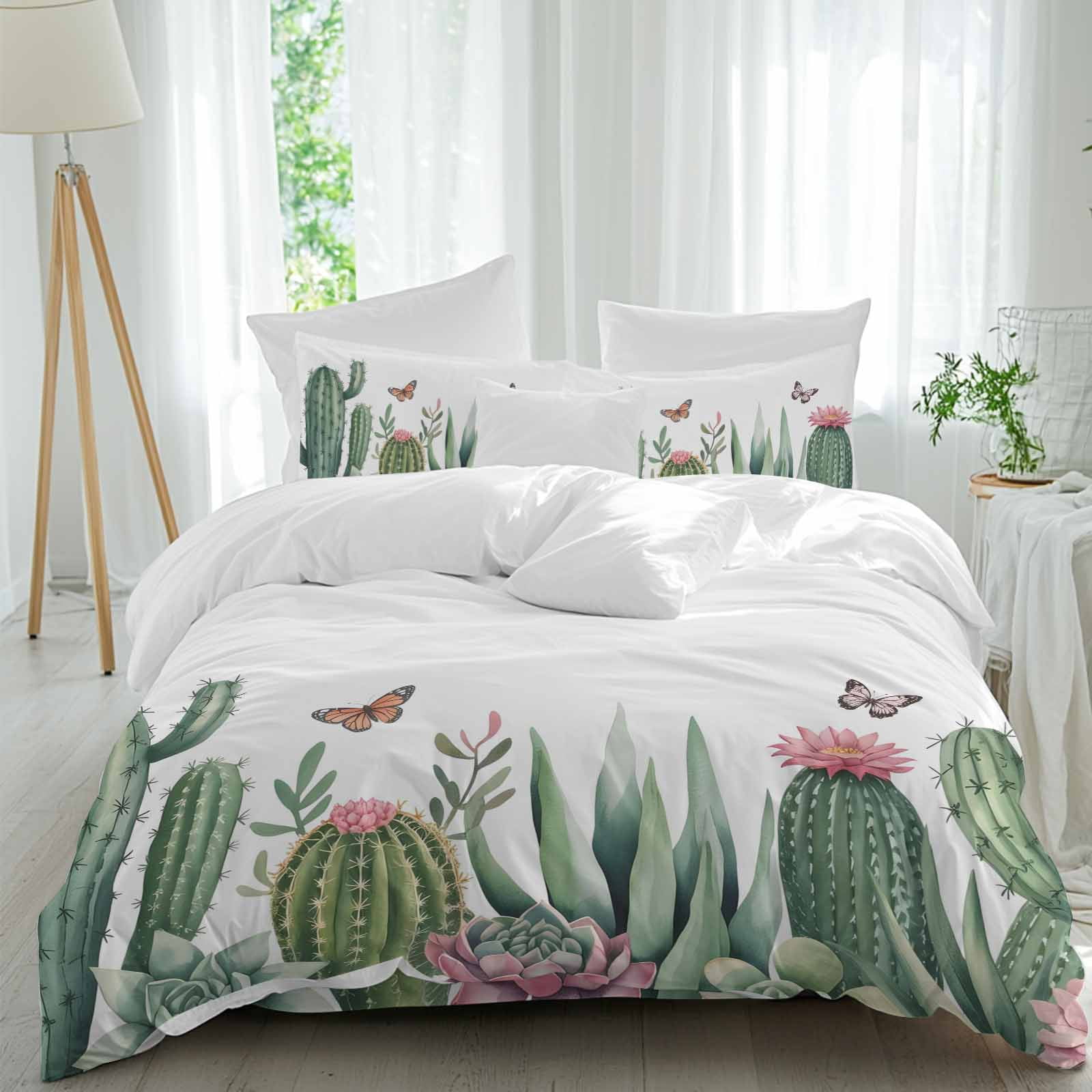 Cactus Duvet Cover Set Queen Size, Butterfly Succulents Summer Tropical ...