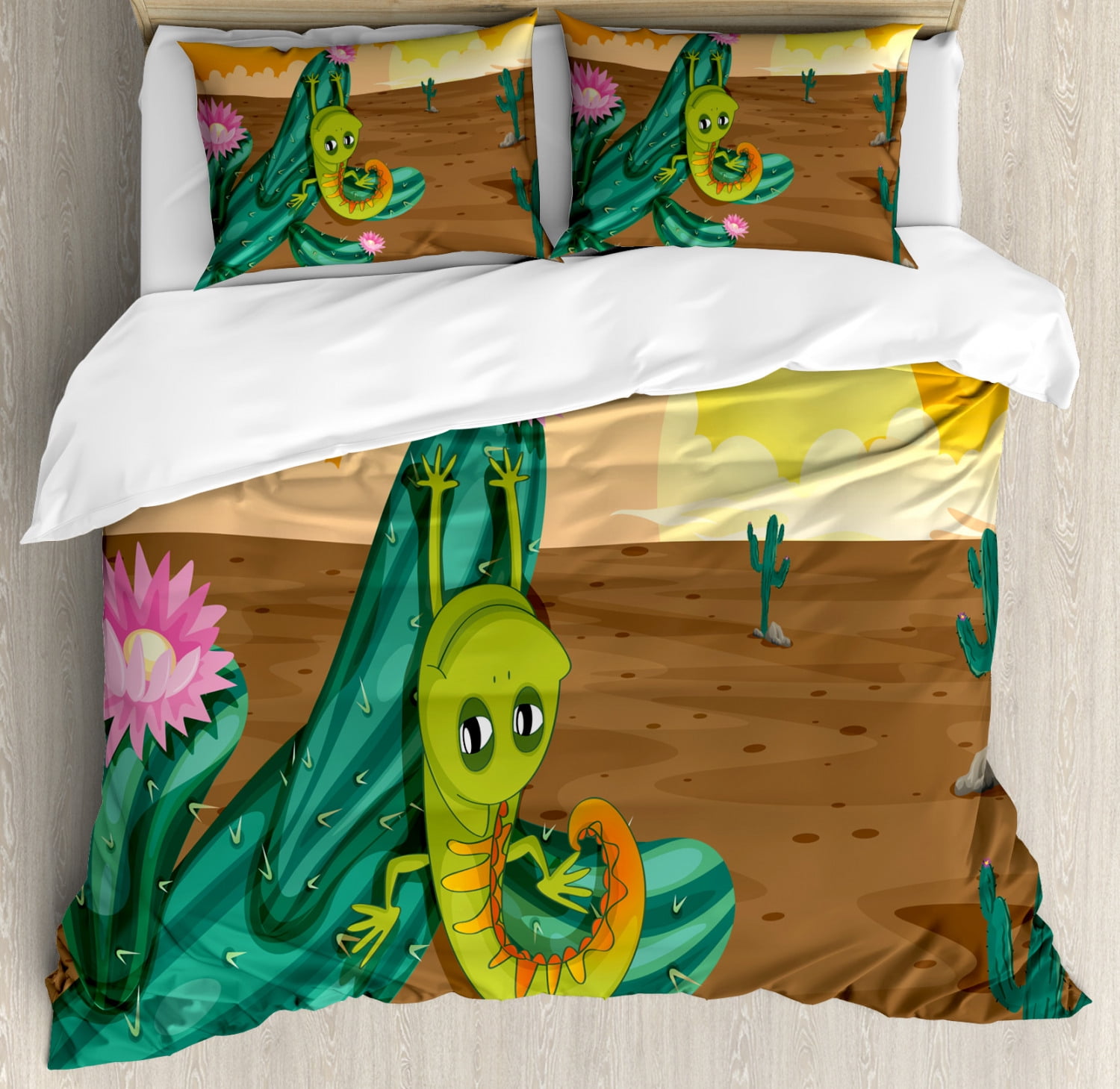 Cactus Duvet Cover Set Queen Size, Cartoon Style Desert Setting Sun ...