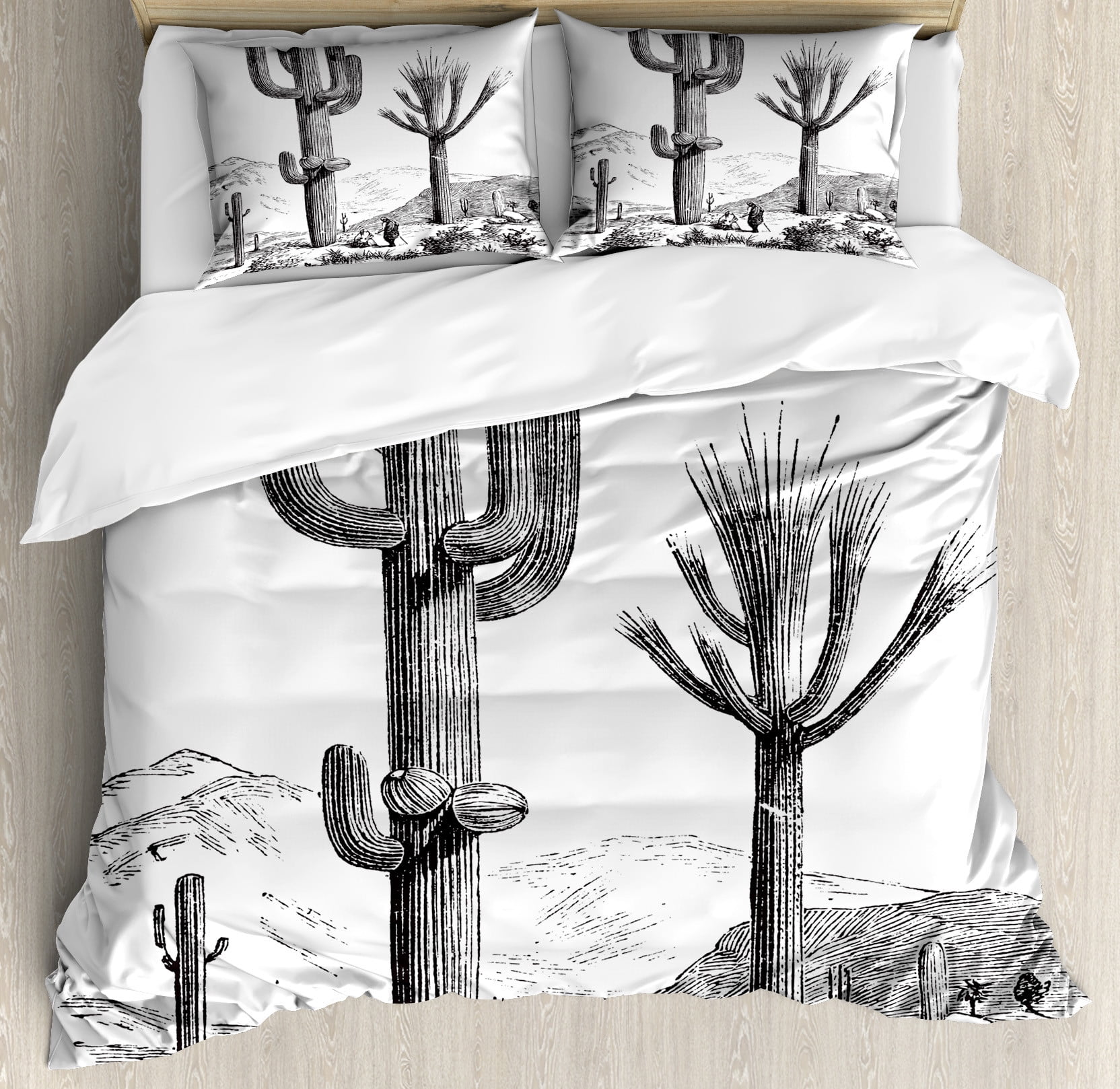 Cactus Duvet Cover Set, Sketchy Hand Drawn Print of Desert Plants ...