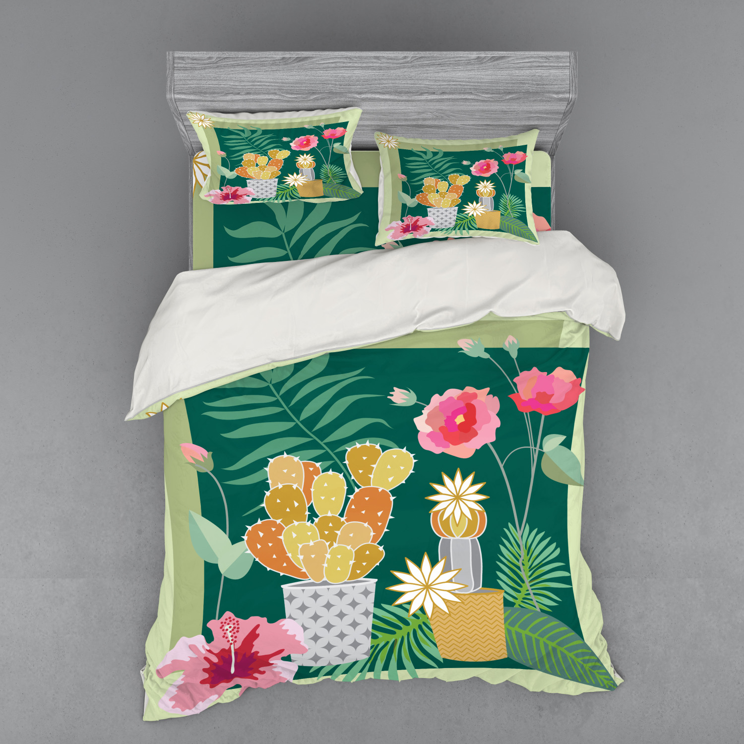 Cactus Duvet Cover Set, Succulent Plants Hibiscus Flowers Palm Monstera ...