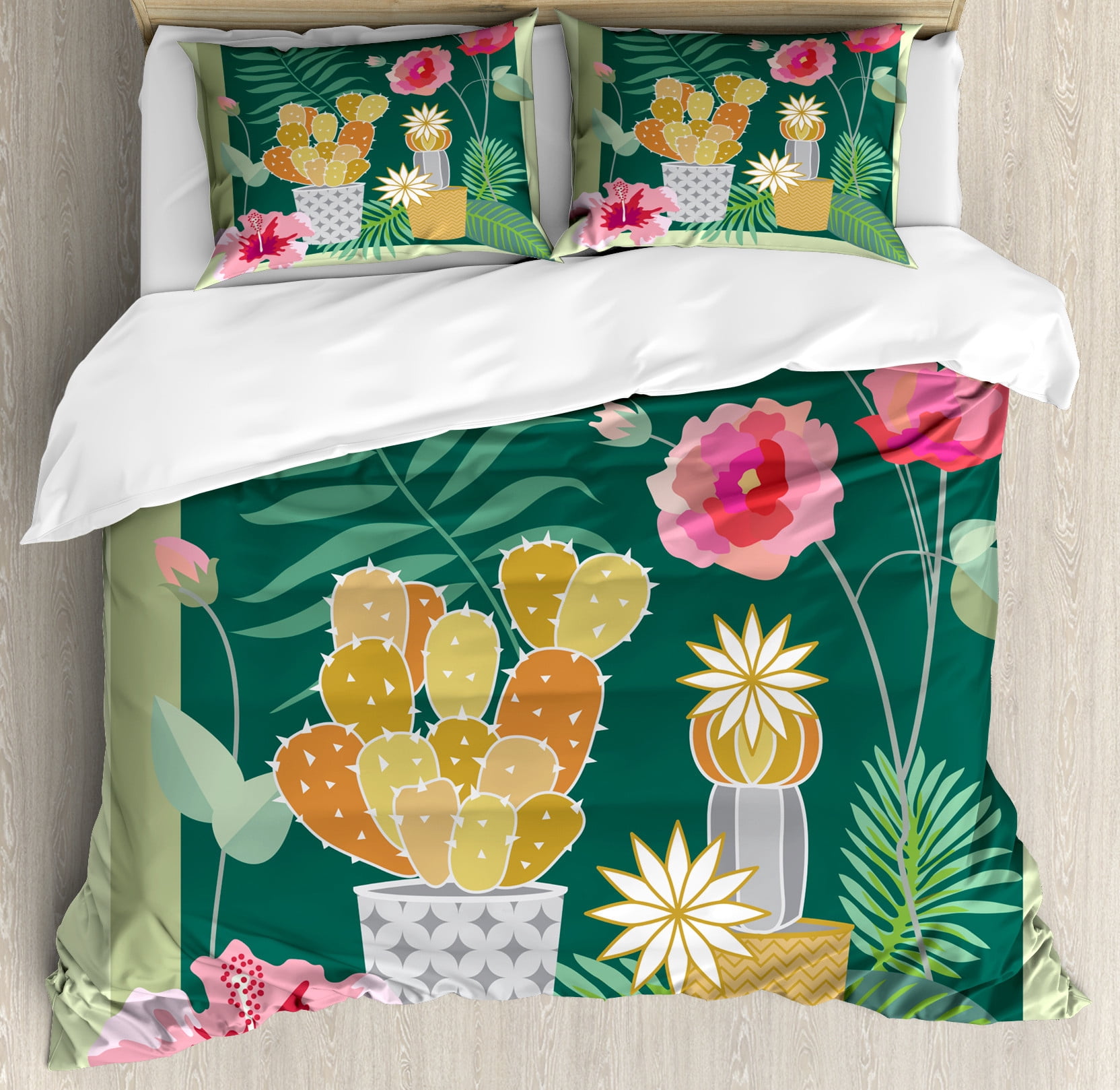Cactus Duvet Cover Set, Succulent Plants Hibiscus Flowers Palm Monstera ...