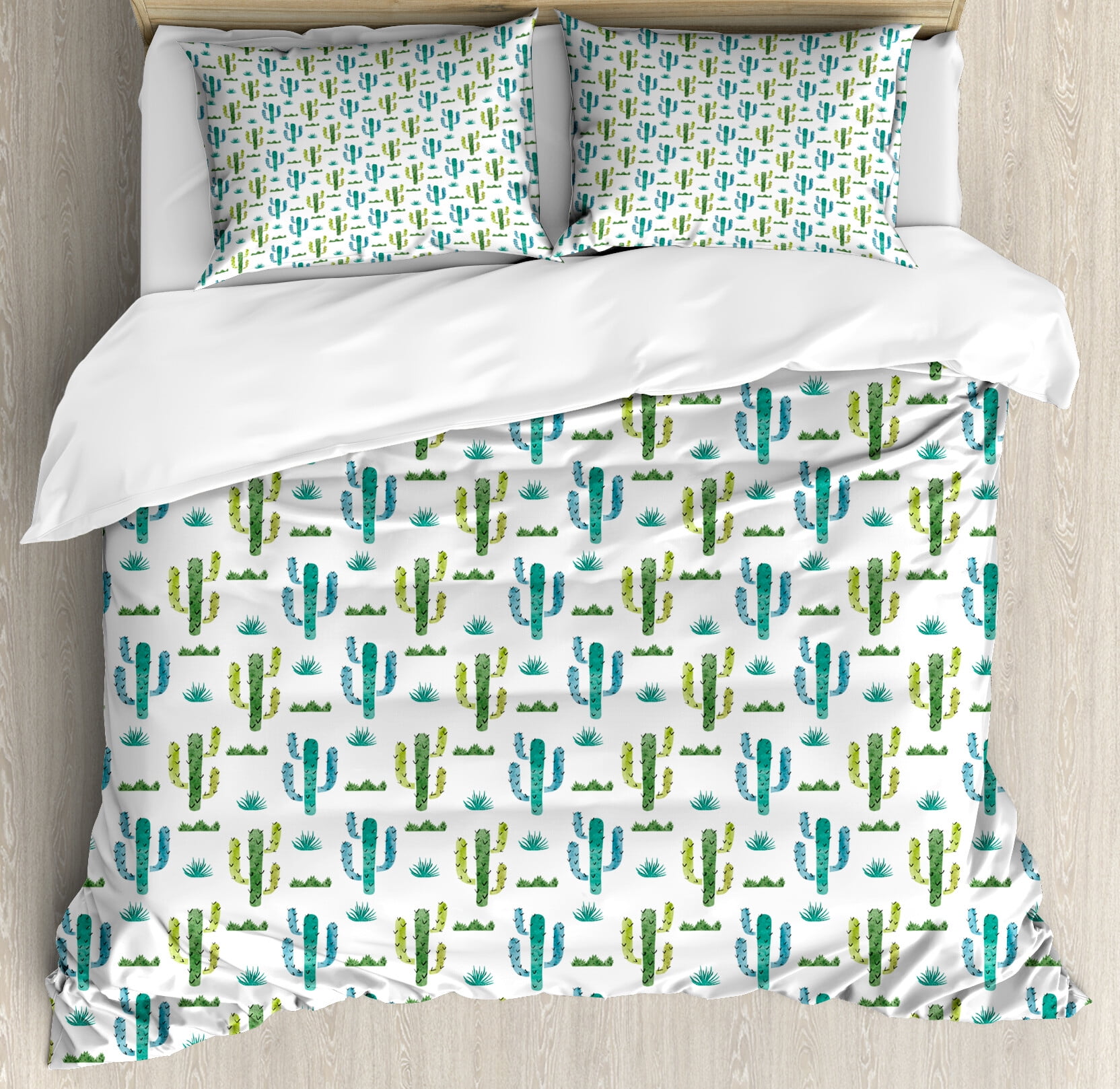 Cactus Duvet Cover Set, Watercolor Style Botanical Pattern with Prickle ...