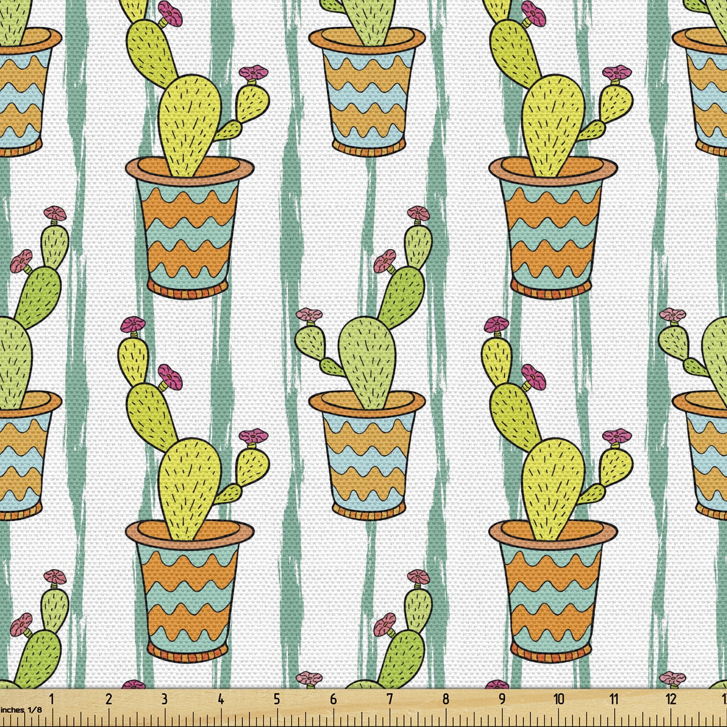 Ambesonne Cactus Fabric by the Yard Upholstery, Vertical Lines Flowers ...