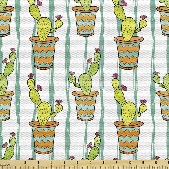 Ambesonne Cactus Fabric by the Yard Upholstery, Vertical Lines Flowers ...