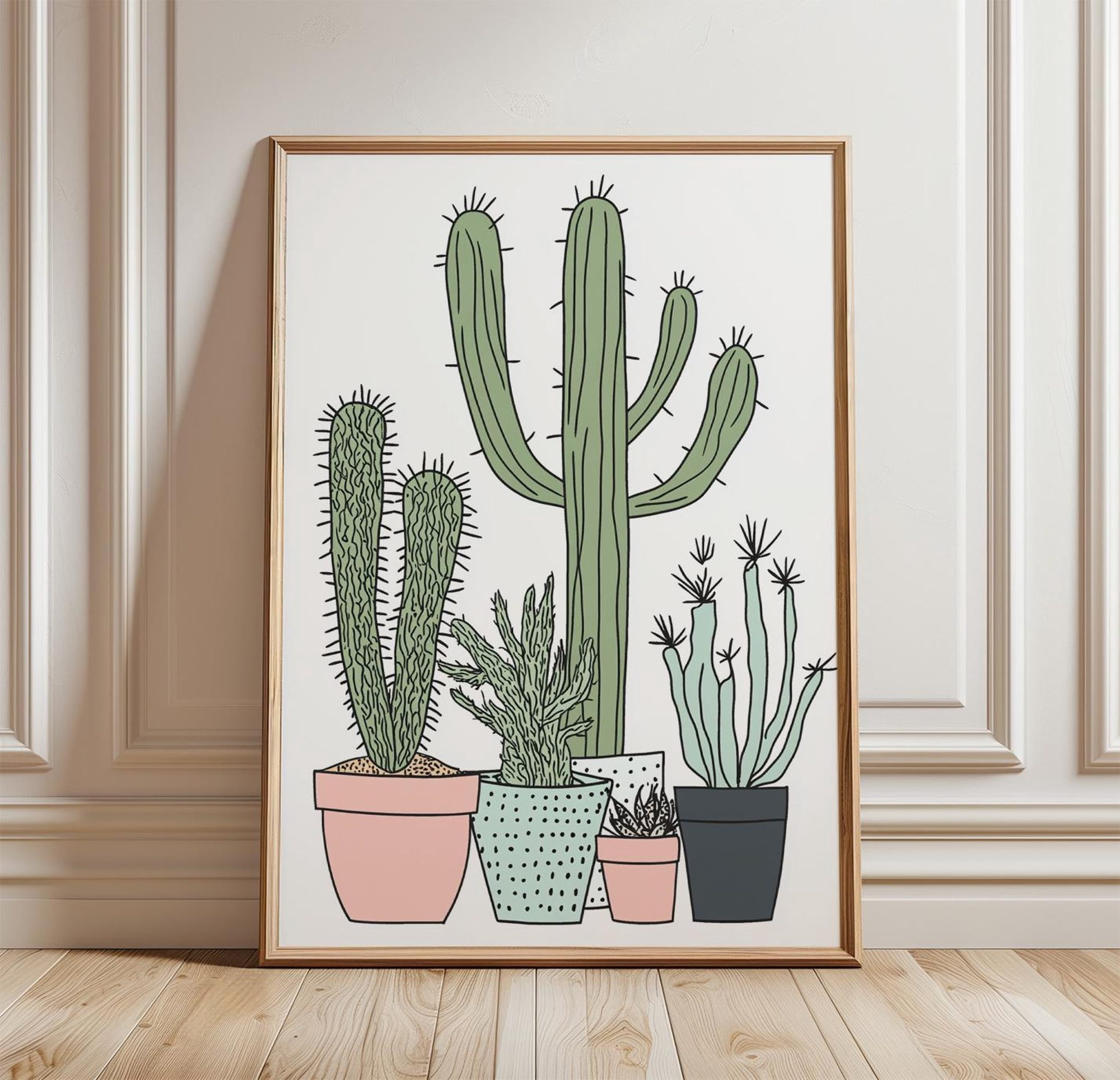 Cactus Family Poster Botanical Line Art Print Pastel Desert Wall Decor ...