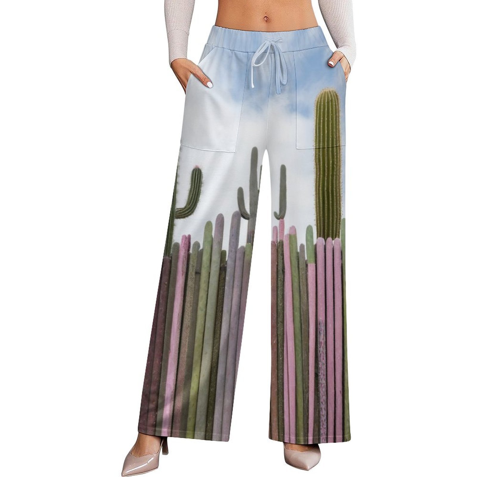 Cactus Fence Art Women's Casual Wide Leg Pants Comfort Pockets Elastic ...