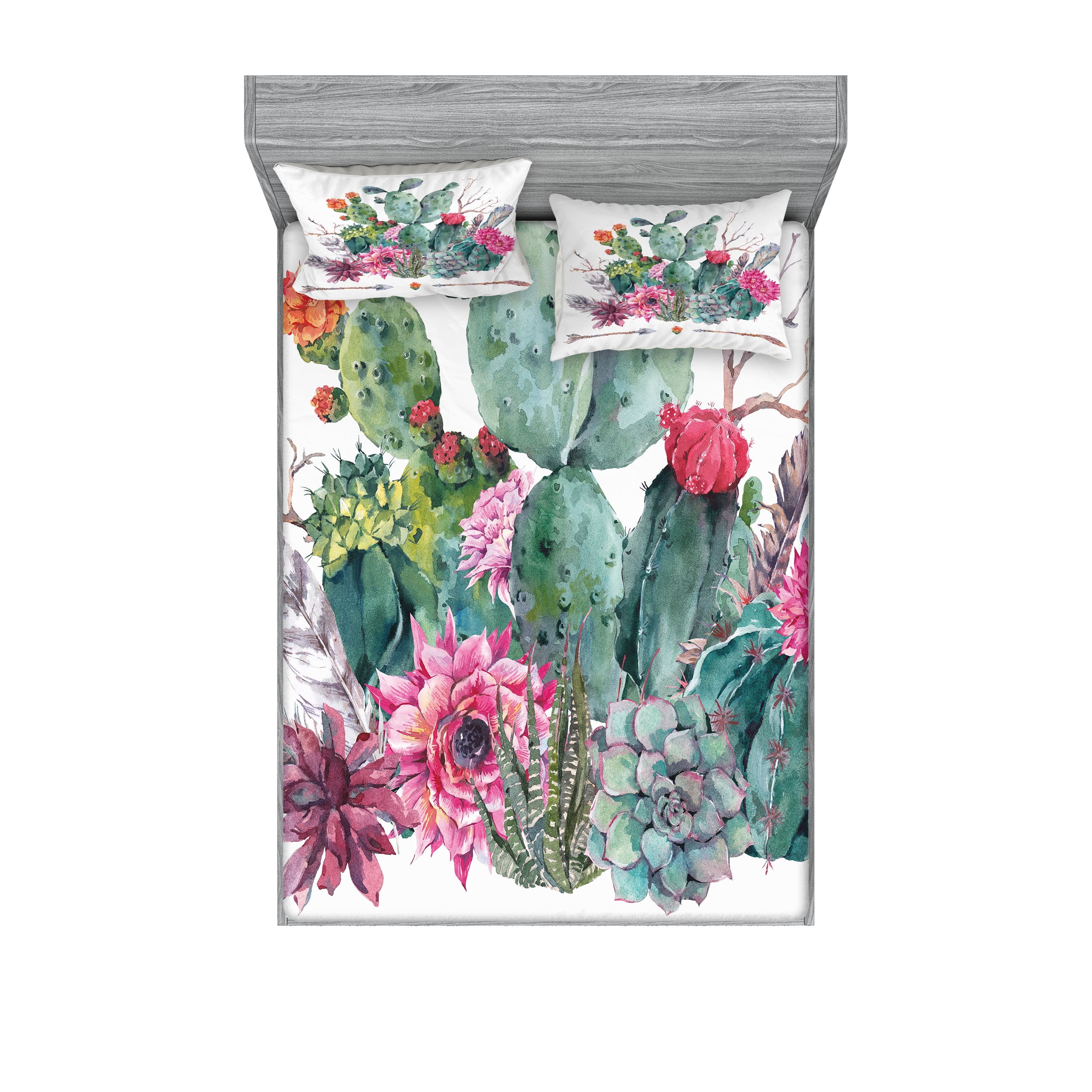 Cactus Fitted Sheet & Pillow Sham Set, Exotic Natural Watercolor ...