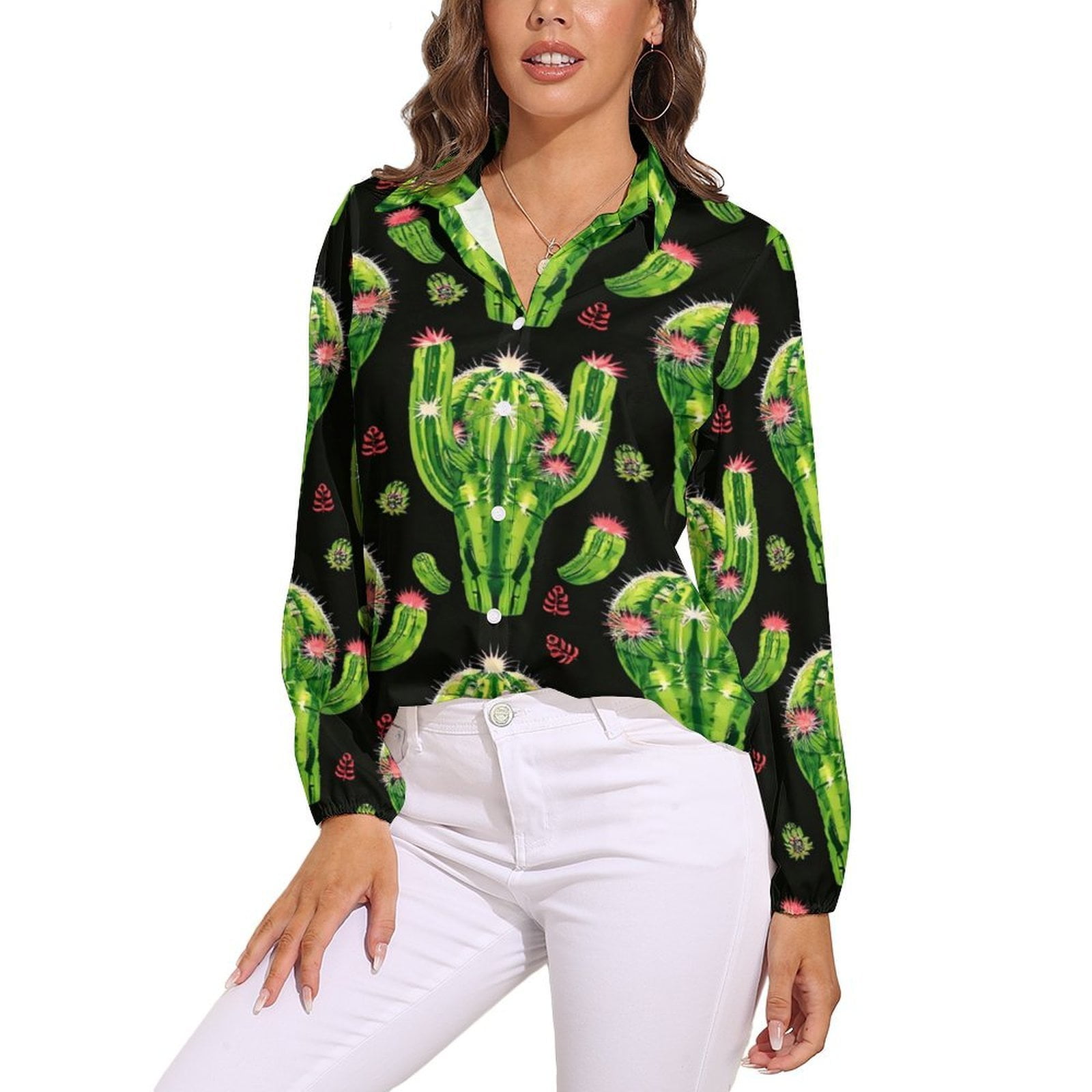 Cactus Floral Pattern Blouse For Women Loose Blouses Long Sleeve Shirts ...