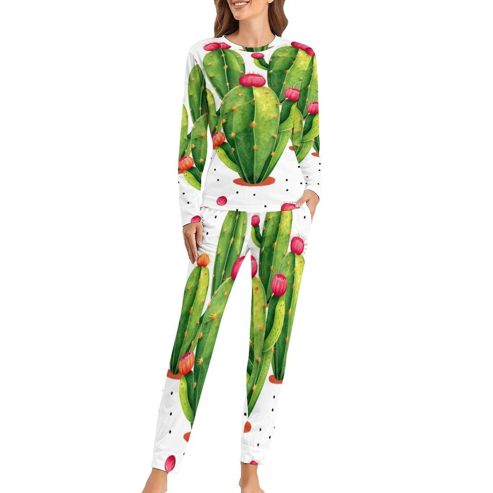 Cactus Floral Pattern Pajamas Woman Two Piece Design Long Sleeves ...