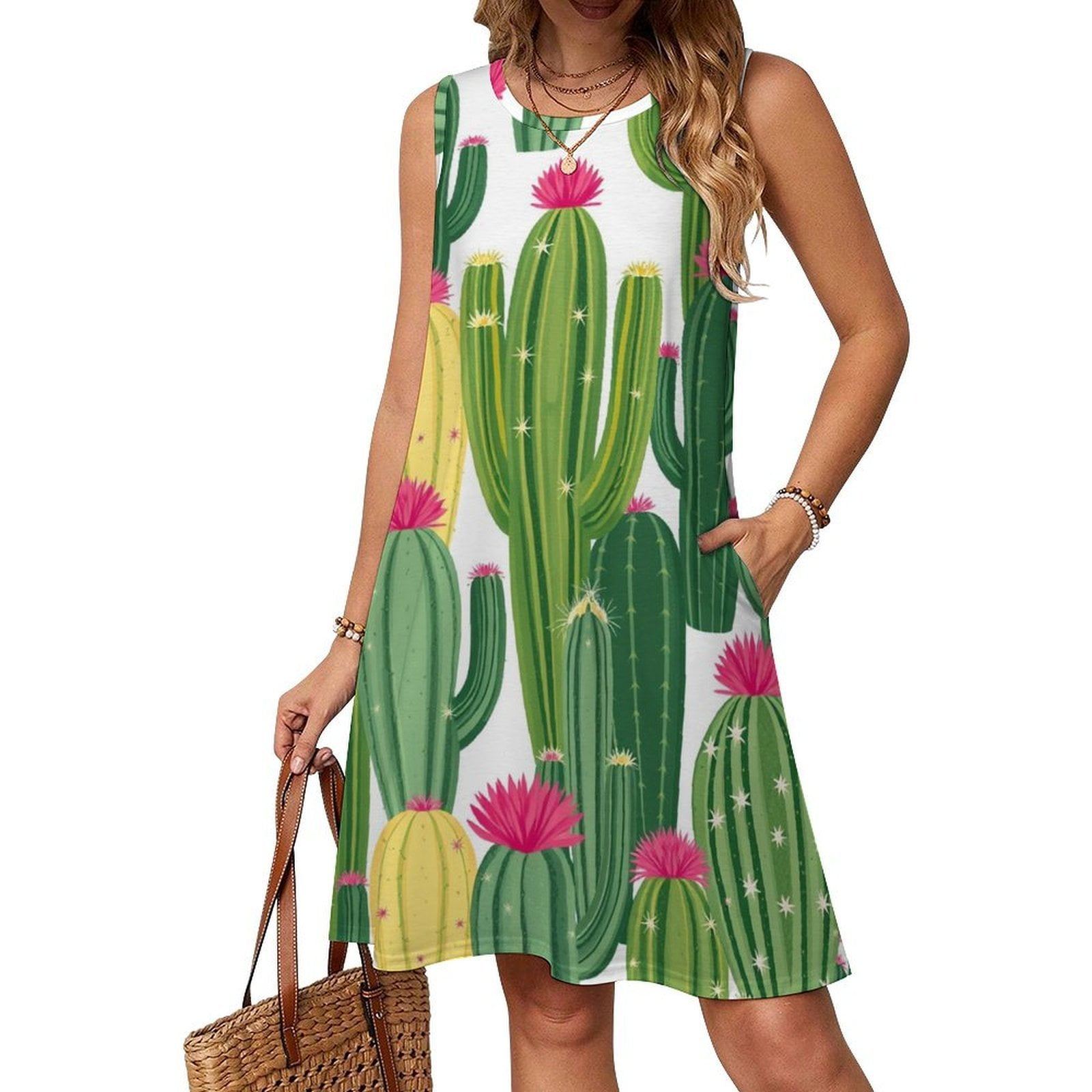 Cactus Floral Pattern Women's Dress Summer Round Neck Sleeveless ...