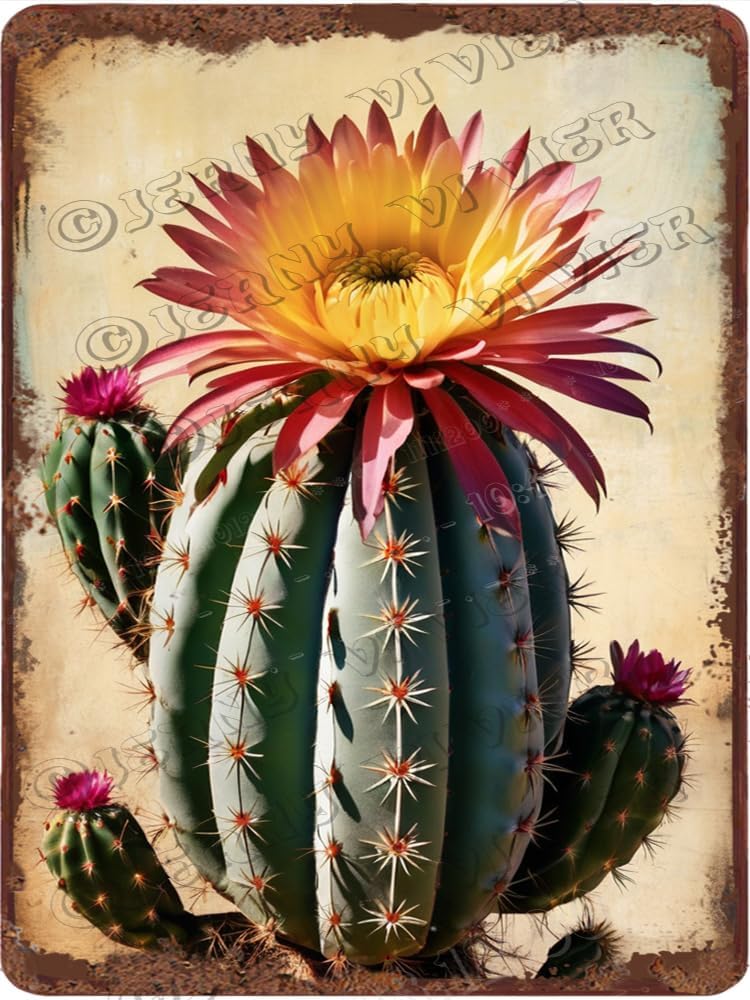 Cactus with Flower Aluminum Sign Cacti Wall Decor Southwest Cactus ...