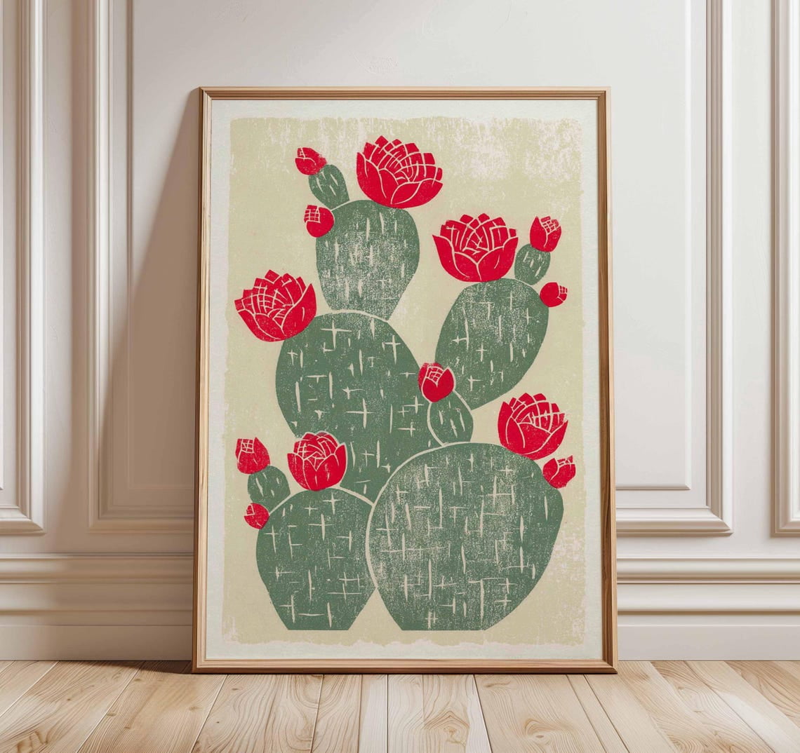 Cactus Flower Mexican Desert Green Red Linocut Boho Botanical Art ...