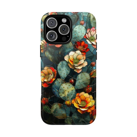 Cactus Flower Stained Glass Pattern Case for iPhone 17 to 11 Pro Max ...