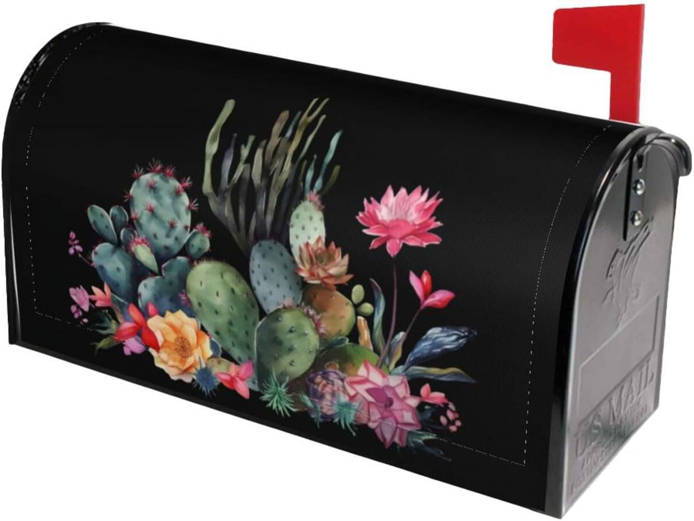 Cactus Flowers Mailbox Covers, Black Magnetic Post Box Cover Wraps ...