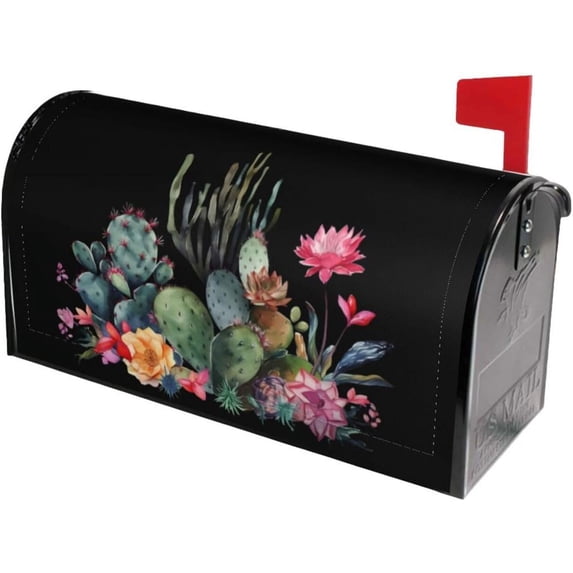 Cactus Flowers Mailbox Covers, Black Magnetic Post Box Cover Wraps ...