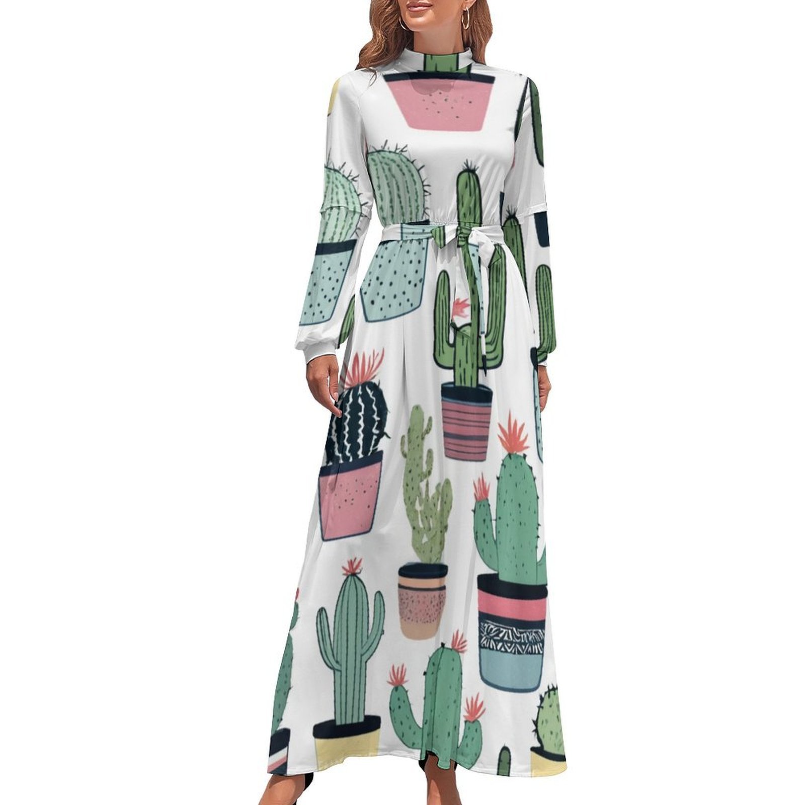 Cactus Garden Print Women's Long Dress Long Sleeves Dress Vintage ...