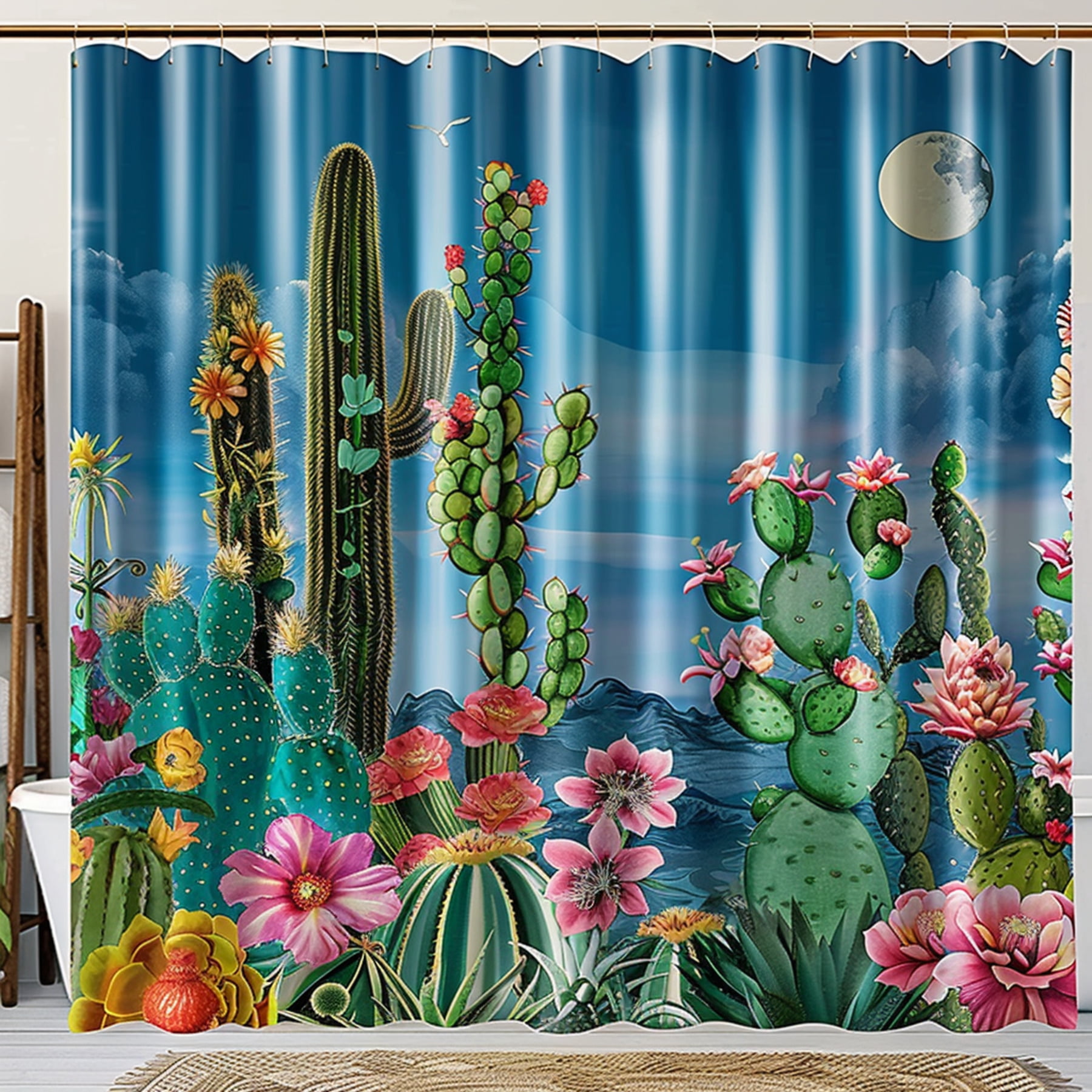 Cactus Garden Shower Curtain With Colorful Flowers And Lush Greenery
