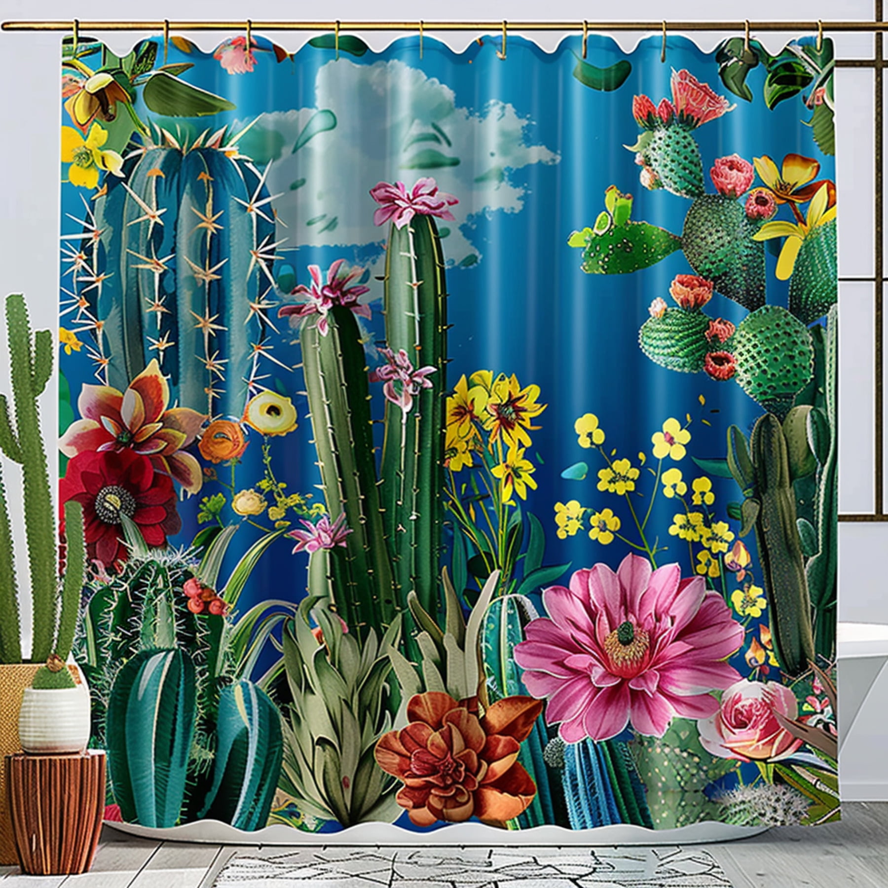 Cactus Garden Shower Curtain With Colorful Flowers And Lush Greenery On