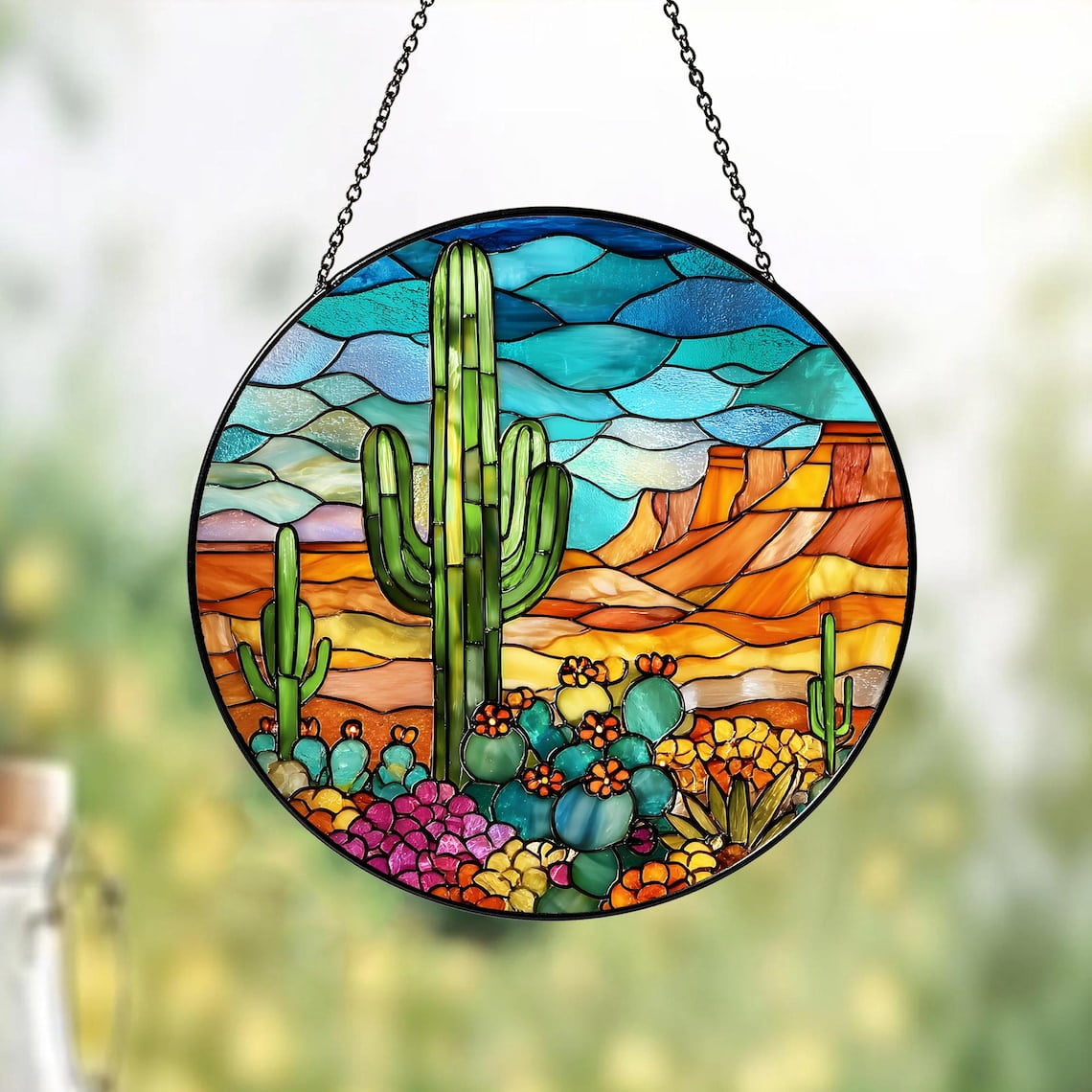 Cactus Glass Suncatcher, Window Hanging Decor, Indoor Outdoor Art Decor ...