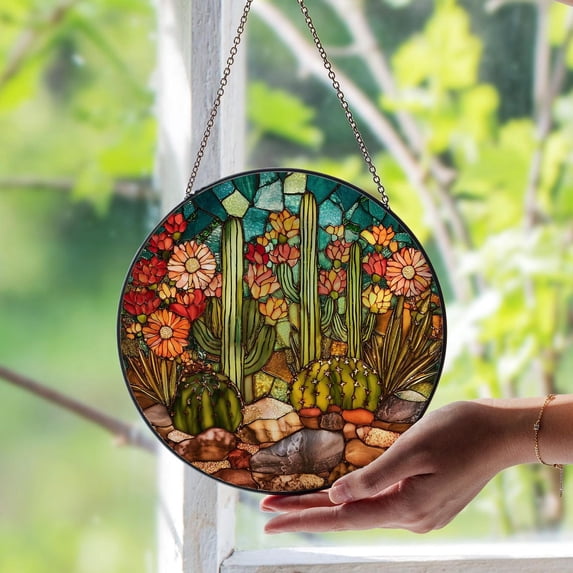 Cactus Glass Window Suncatcher, Desert Plant Art, Succulent Decor, 7.9 ...