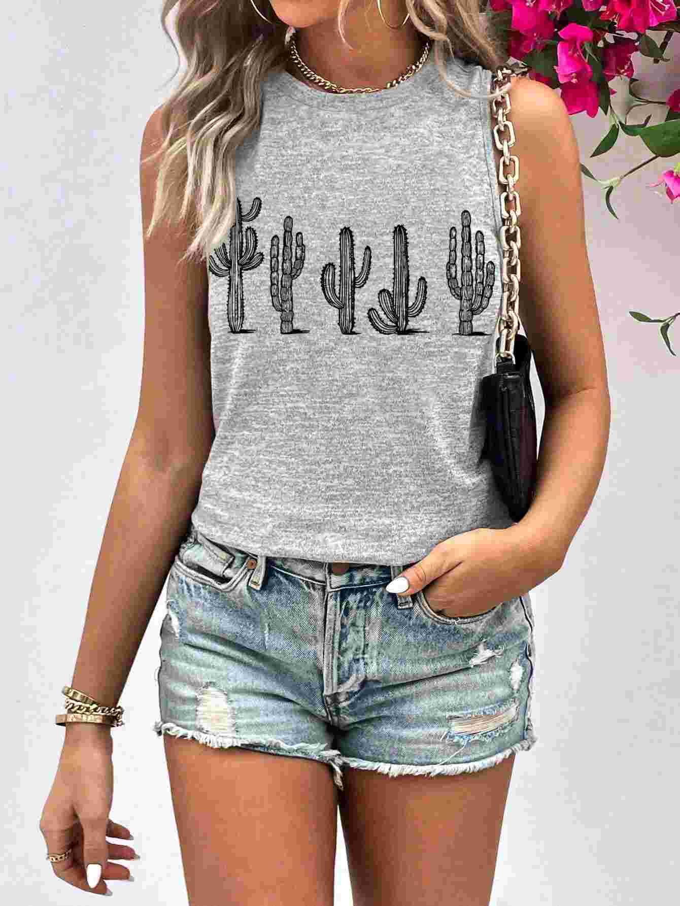 Cactus Graphic Print Tank Top, Sleeveless Casual Top for Summer ...