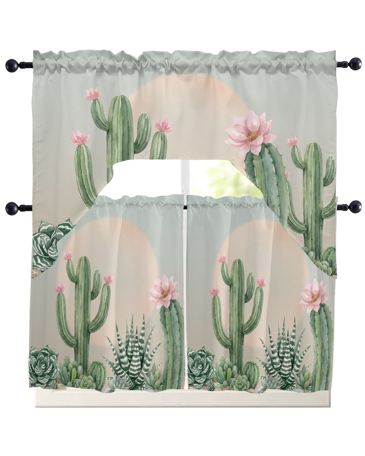 Cactus Green Tropical Kitchen Curtains Sets 24 Inch Length with Valance ...