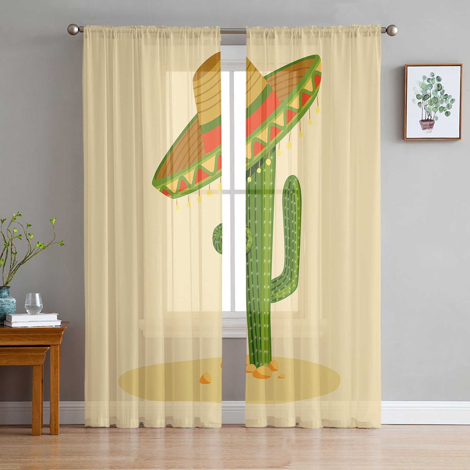 Cactus Hand-Painted Hat Chiffon Sheer Curtains for Living Room Home ...