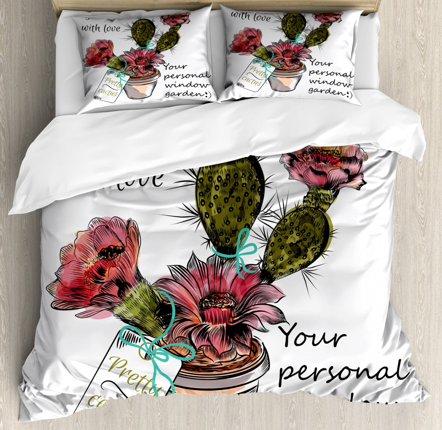 Cactus King Size Duvet Cover Set, Sketch Prickly Pear Watercolor Style ...