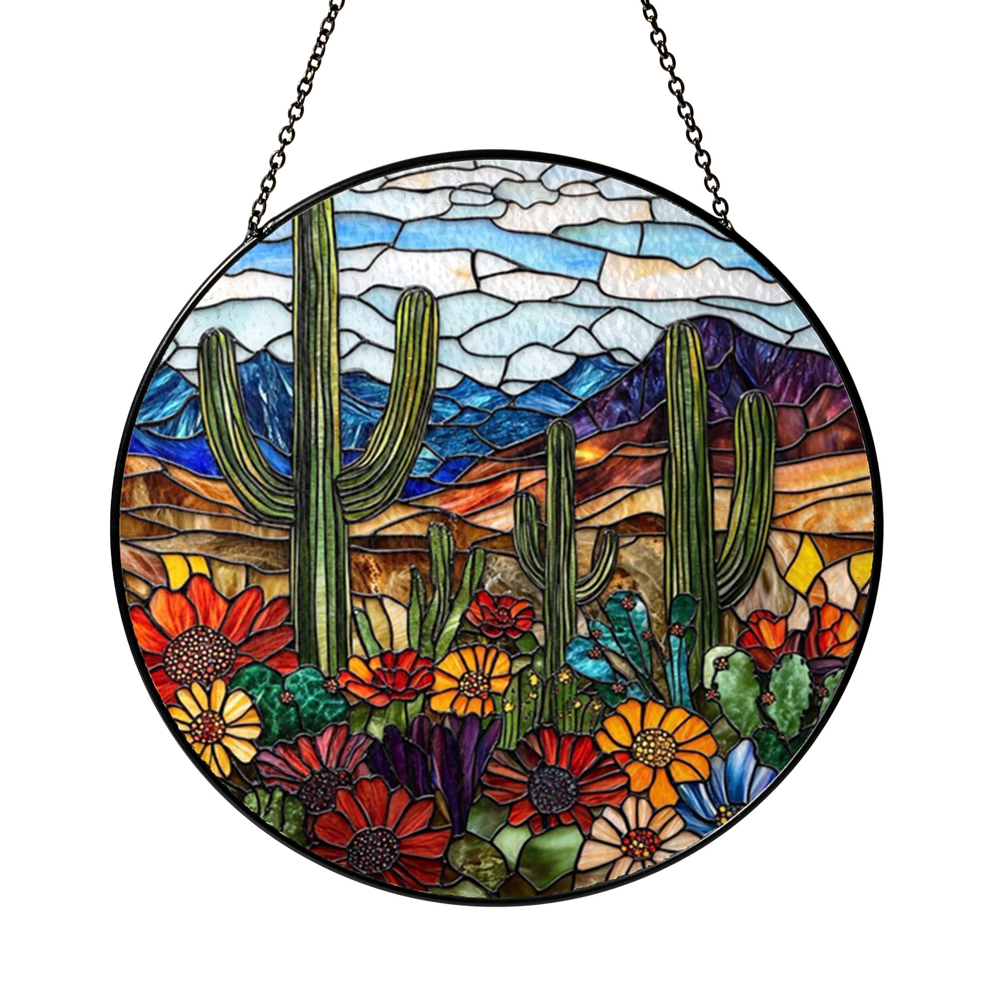 Cactus Landscape Stained Glass Style Suncatcher, Decorative Window ...