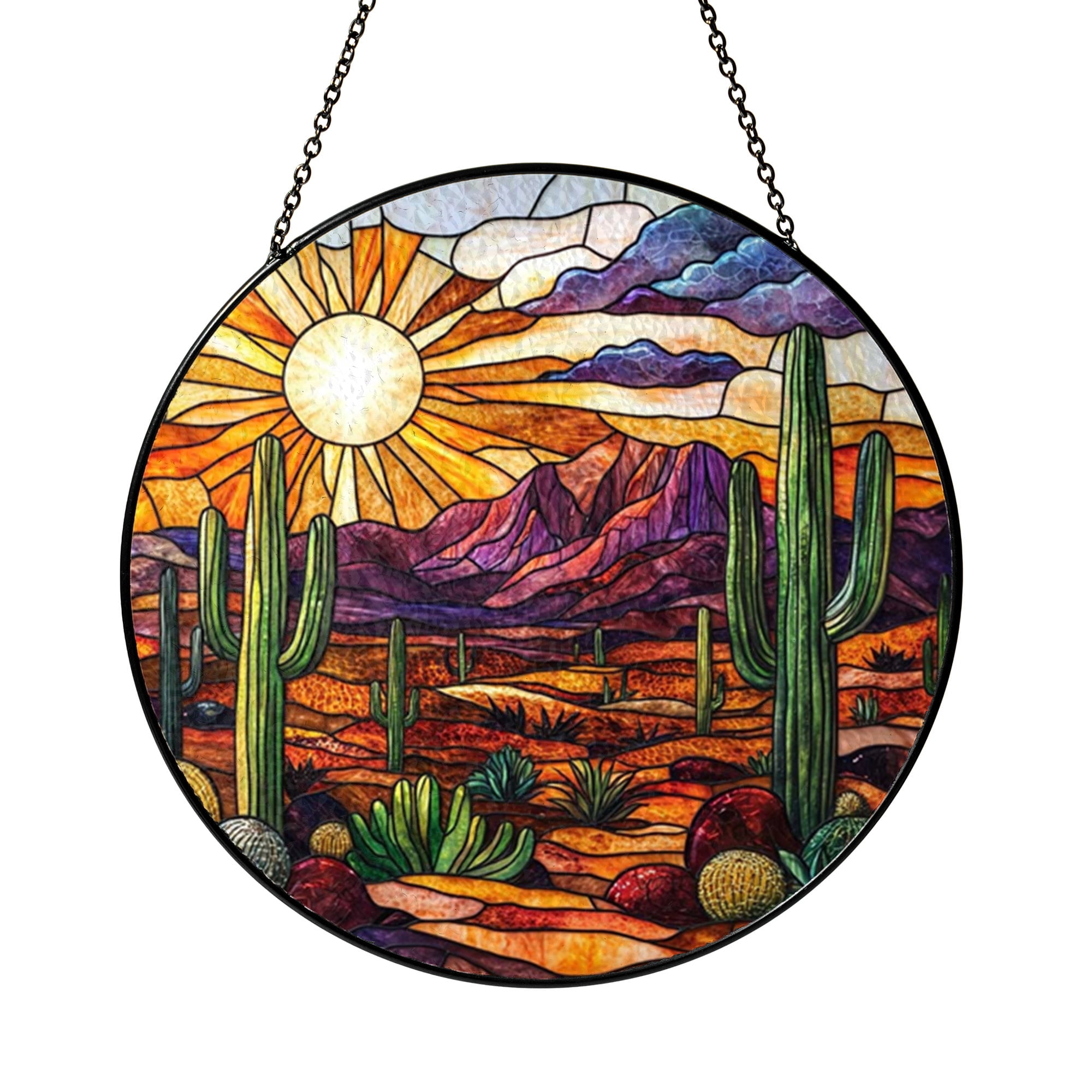 Cactus Landscape Sunset Stained Glass Suncatcher, Desert Window Hanging ...