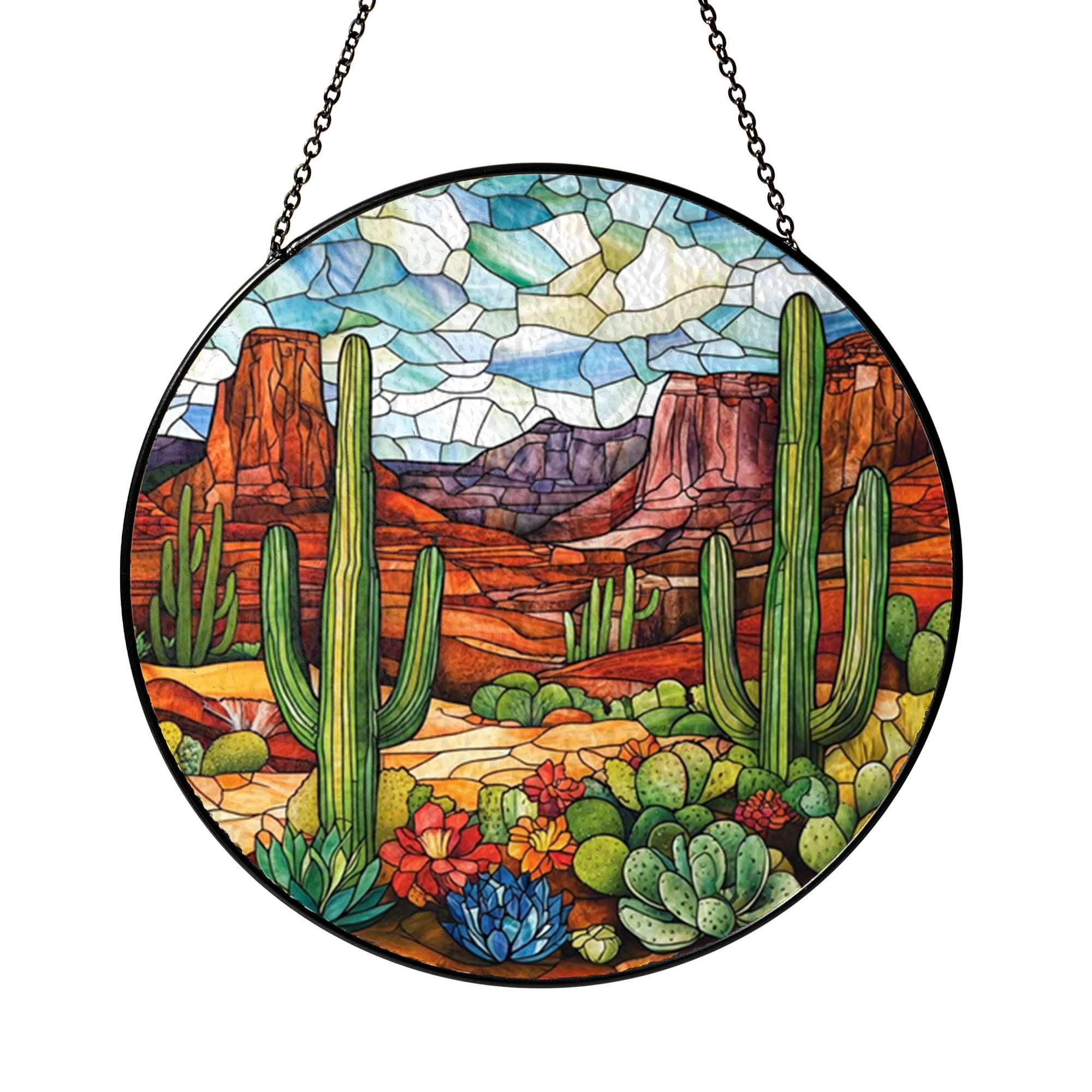 Cactus Landscape Window Decor – Stained Glass Style Hanging Art ...