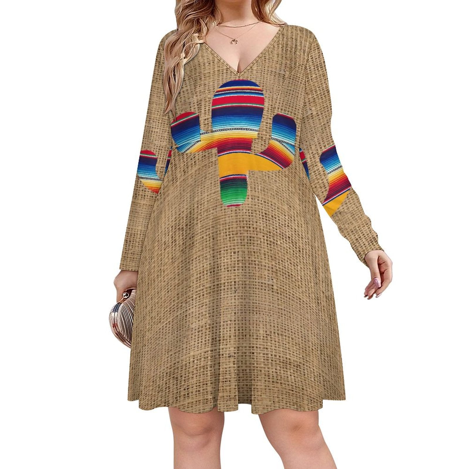 Cactus Linen Background Long Sleeve Dresses For Women Vintage Elegant ...