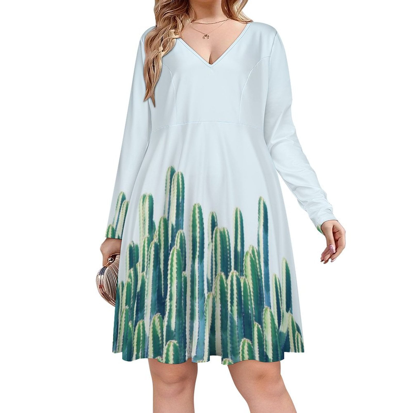 Cactus Long Sleeve Dresses For Women Vintage Elegant Party Dress Oversized V-neck Dress S-8XL ...