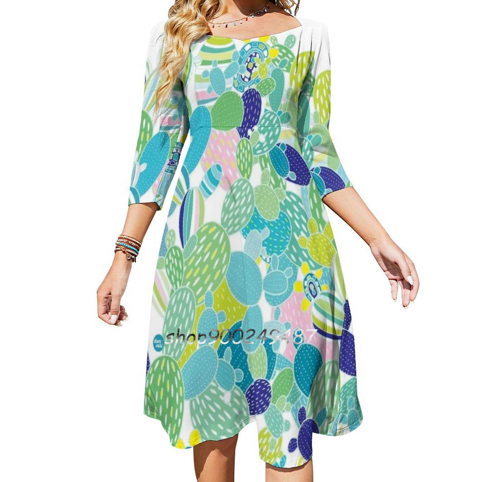 Cactus Mania Sweet Elegant Dress Women Korean Kawaii Square Collar ...