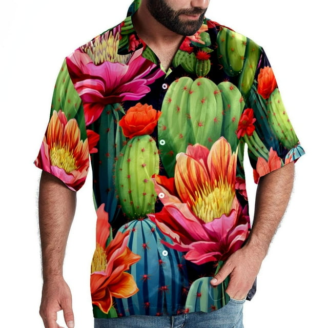 Cactus Mens Short Sleeve Printed Button Down Beach Casual Poplin
