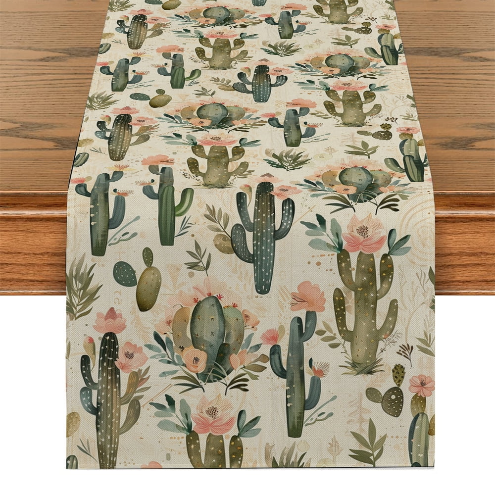 Cactus Mexican Plant Flower Watercolor Table Runner Kitchen Dining ...