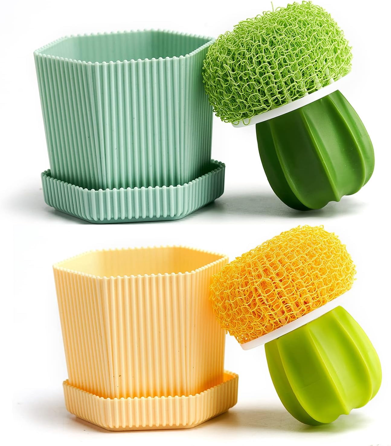 Cactus Mini Dish Brush Set with Drip Tray (3 Replacement Brushes ...