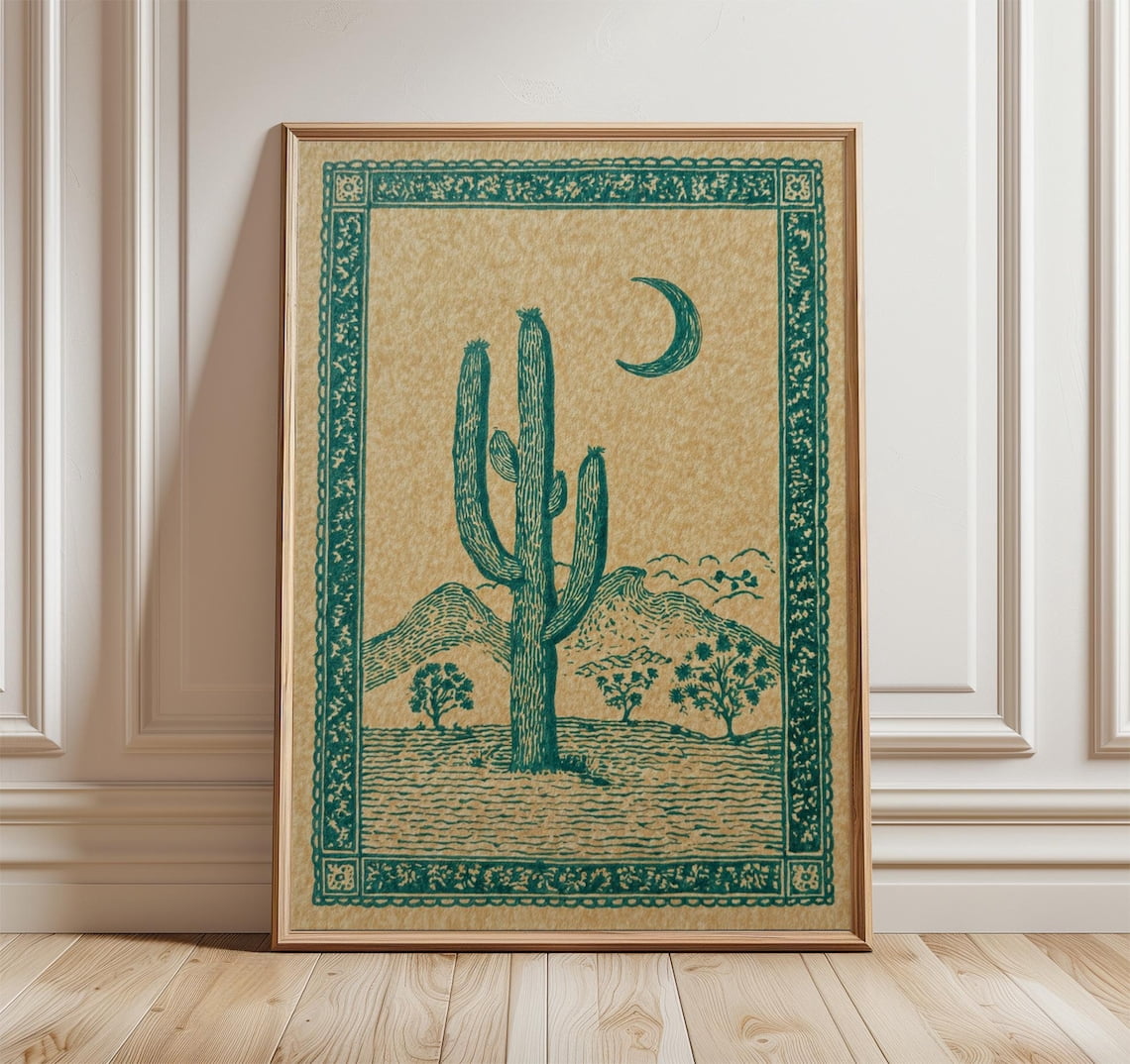 Cactus Moon Desert Landscape Vintage Western Illustration Wall Art ...