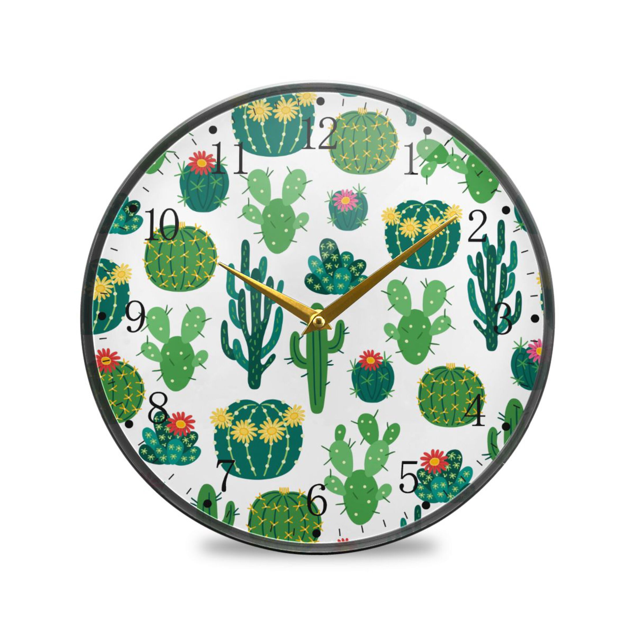 Cactus Pattern Acrylic Wall Clocks Quiet Round Clock Battery Operated ...