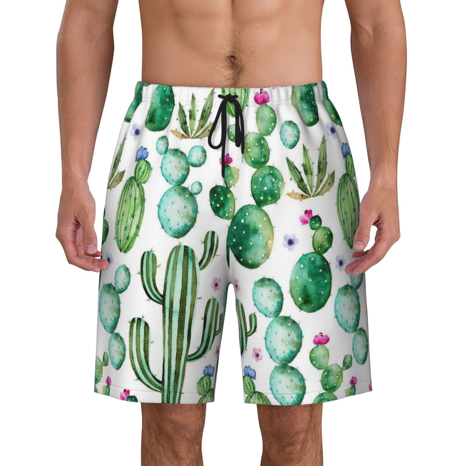 Cactus Pattern Mens Quick Dry Short Swim Trunks With Mesh Lining