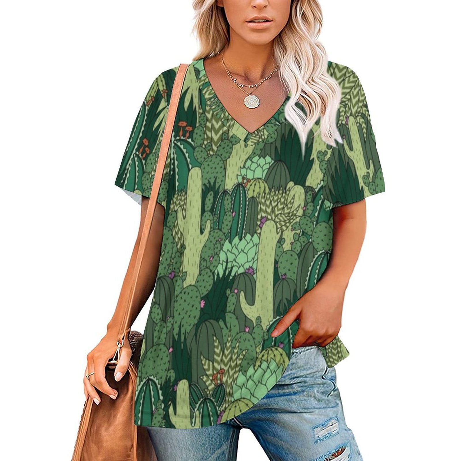 Cactus Pattern Ruffle Short Sleeve T-Shirt V Neck Shirts Pattern Cute ...