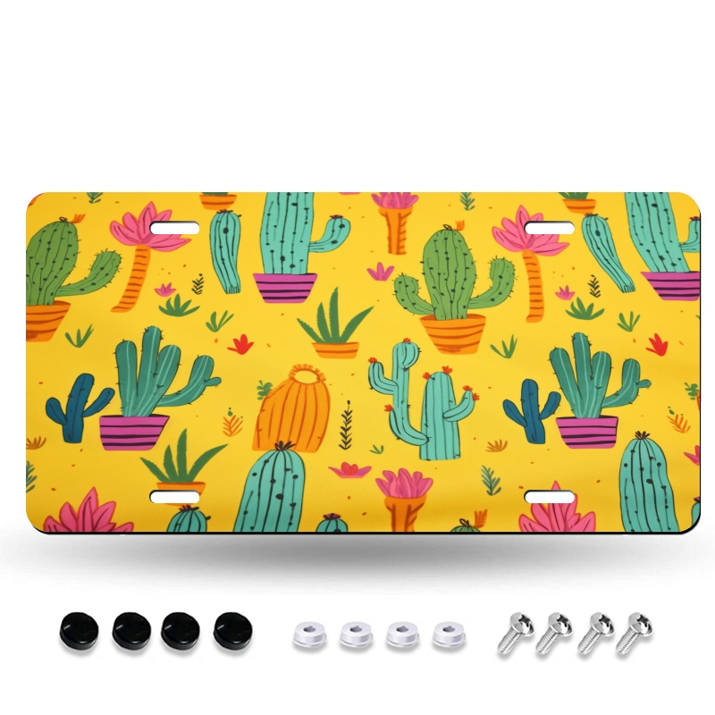 Cactus Pattern on a Yellow Background License Plate Frame, Decorative ...