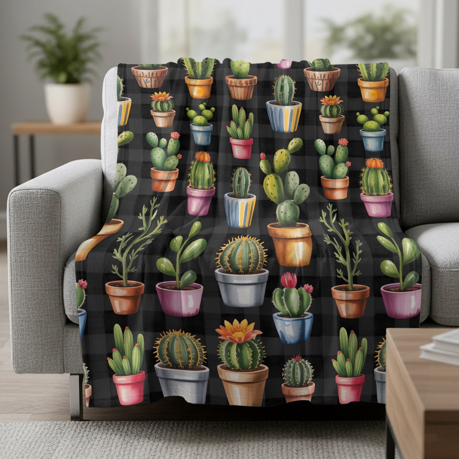 Cactus Plant Fleece Throw Blanket Green Cactus Botanical Tropical Black ...
